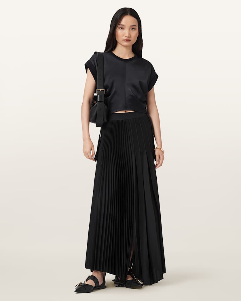 Mira Cropped Satin Drawcord T-Shirt Black | ALLSAINTS US